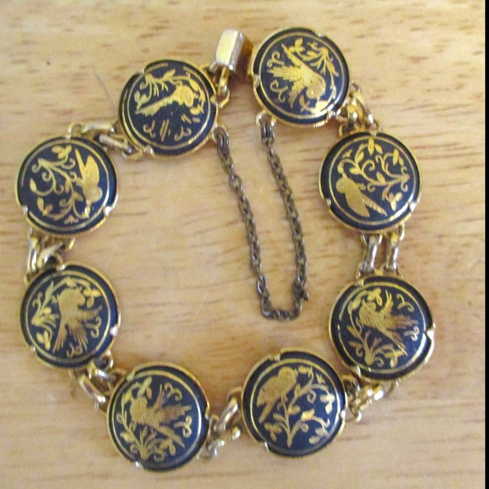 Vintage Spanish Demascene Bracelet, Gold&Black Birds,… - Gem